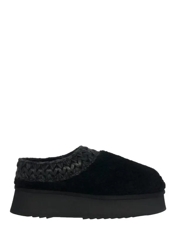 Mou Round-toe Mules With Curly Sheepskin And Crocheted Wool Details - Black