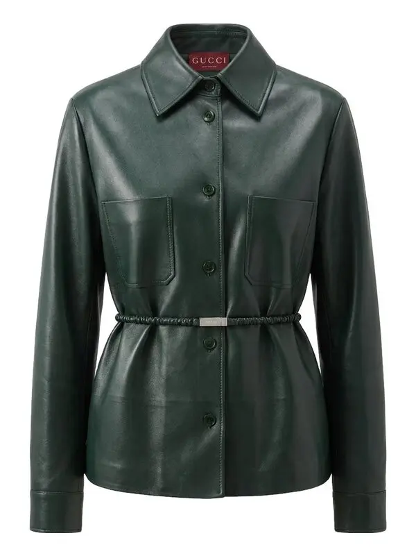 Gucci Shiny Leather Jacket With Pointed Collar - Green