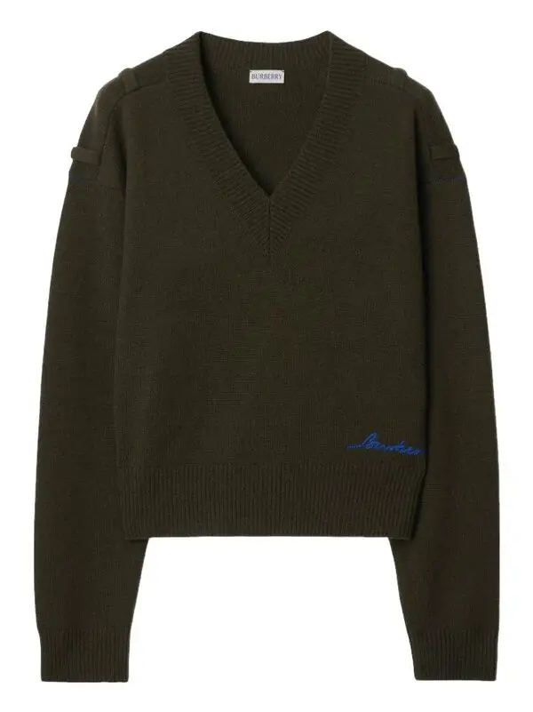 Burberry Cashmere V-neck Sweater With Embroidered Detail - Black