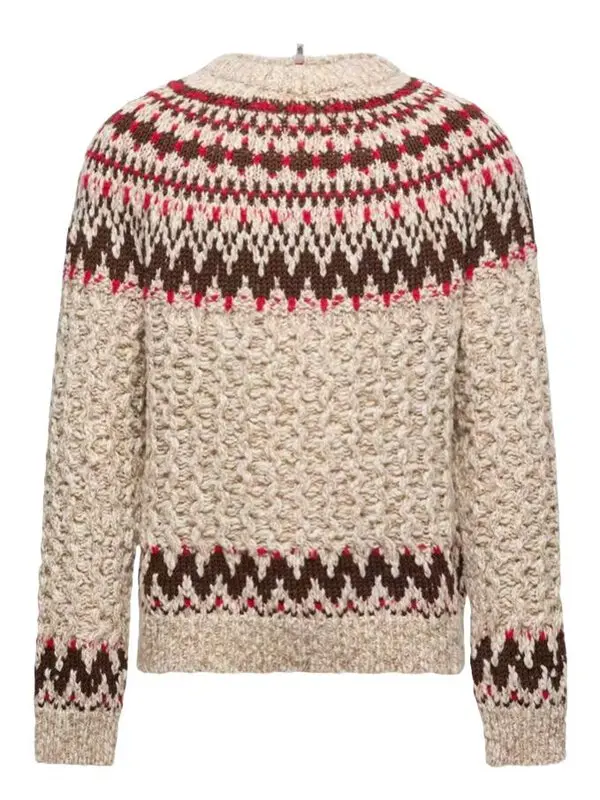 Moncler Jacquard Crew Neck Knitted Sweater - Camel Beige And Red
