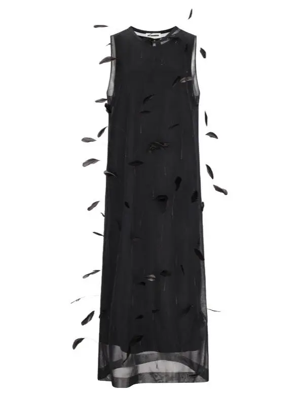 JIL SANDER Sleeveless Feather Trim Maxi Dress - Black