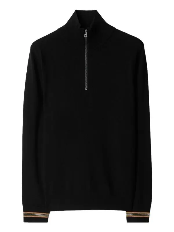 Burberry Half-zip Wool Sweater With Striped Cuffs - Black