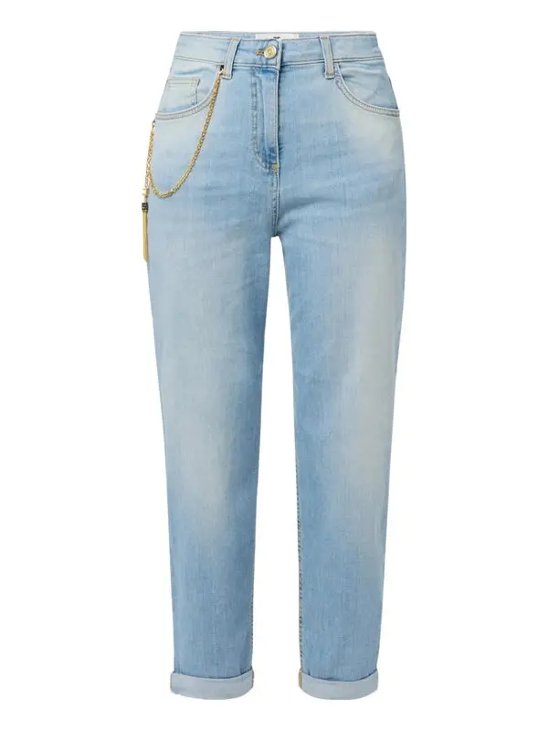 Elisabetta Franchi Light Wash Denim Tassel Chain Boyfriend Jeans - Blue