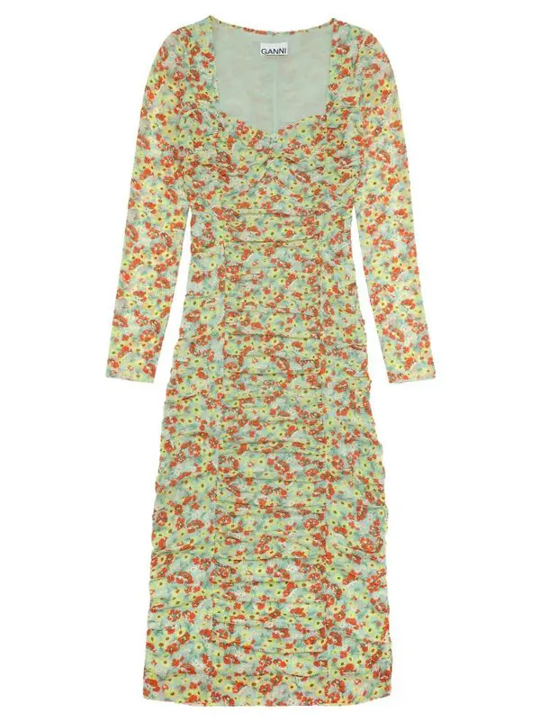 GANNI Printed Mesh Midi Dress - Multicolor