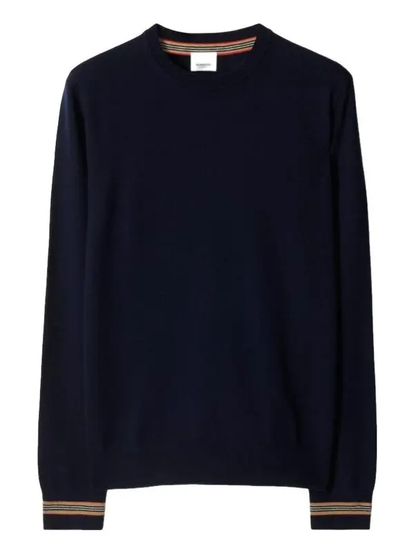 Burberry Wool Sweater With Striped Cuffs - Navy Blue
