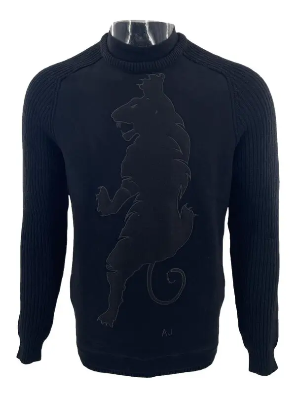 Emporio Armani Tiger Appliqué Ribbed Long Sleeve Sweater - Black