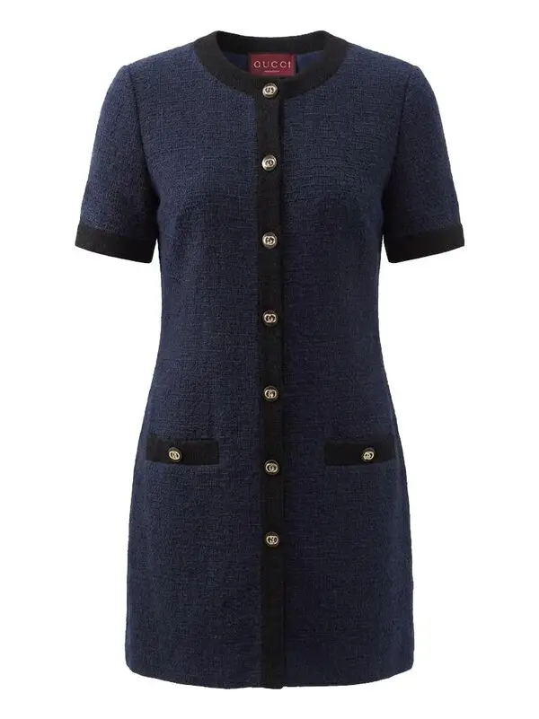 Gucci Textured Tweed Dress With Interlocking G Buttons - Blue