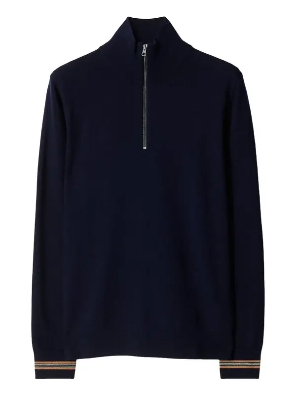 Burberry Wool Half-zip Sweater With Striped Cuffs - Navy Blue
