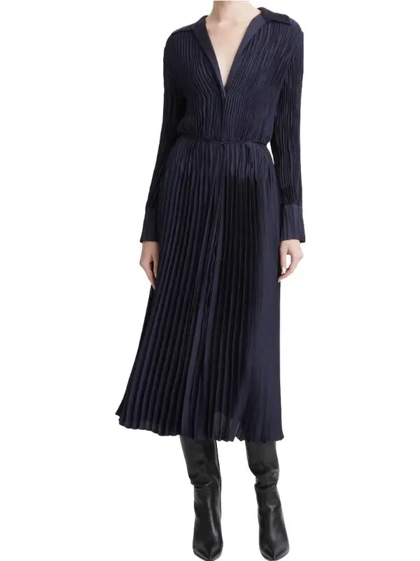 Vince Long-sleeve Pleated Shirtdress - Black