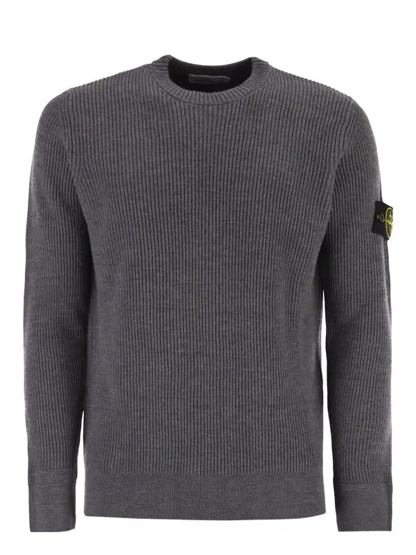 Stone Island Ribbed Crewneck Sweater With Logo Patch - Ash Mixed Color