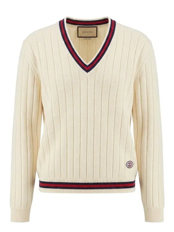 Gucci Cotton Knit V-neck Sweater With Web Trim - White