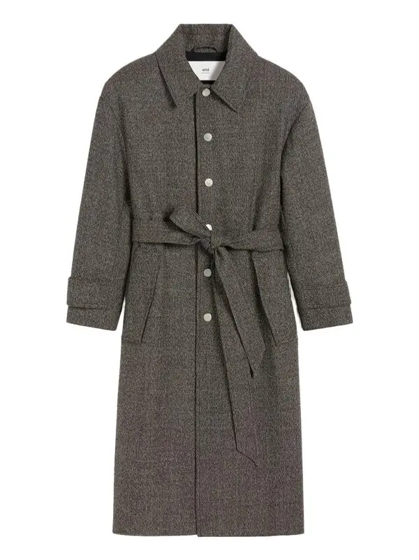 Ami Long-sleeved Belted Coat - Dark Coffee/gray