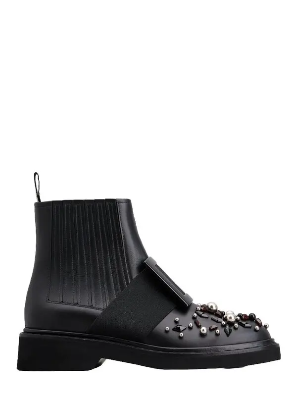 ROGER VIVIER Leather Chelsea Ankle Boots With Embellished Buckle - Black