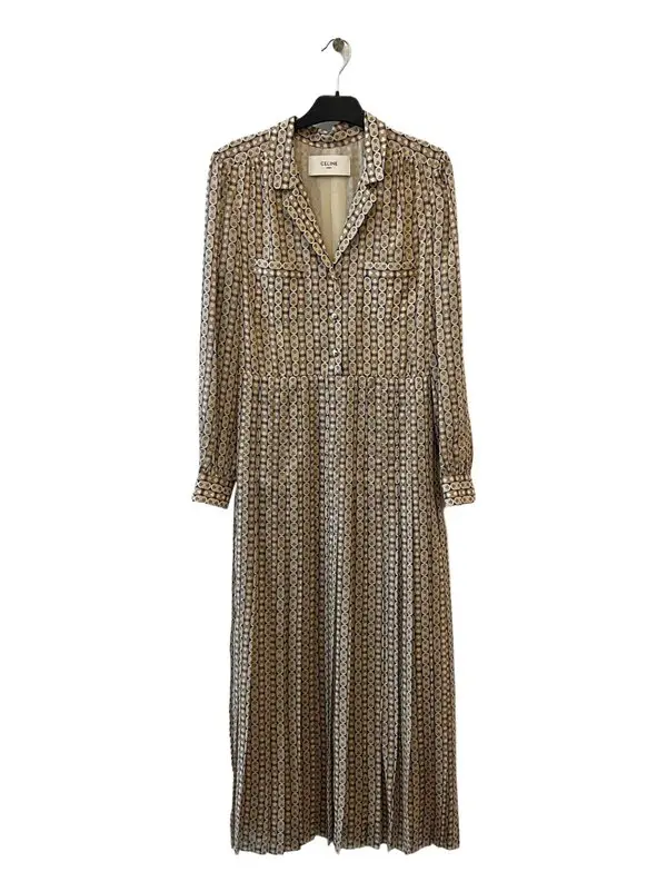Celine Long Wool Silk Etamine Shirt Dress With Notched Lapels - Green