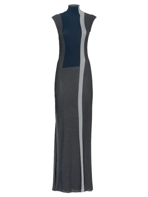 Fendi Ribbed-knit Sleeveless Maxi Dress With Color Block Detail - Gray