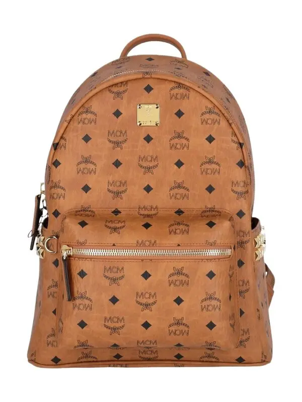 Mcm All-over Logo Printed Zipped Backpack - Cognac