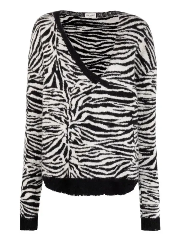 Saint Laurent Zebra Print V-neck Sweater - Black