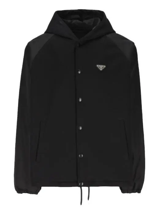 Prada Logo Plaque Drawstring Hooded Jacket - Black