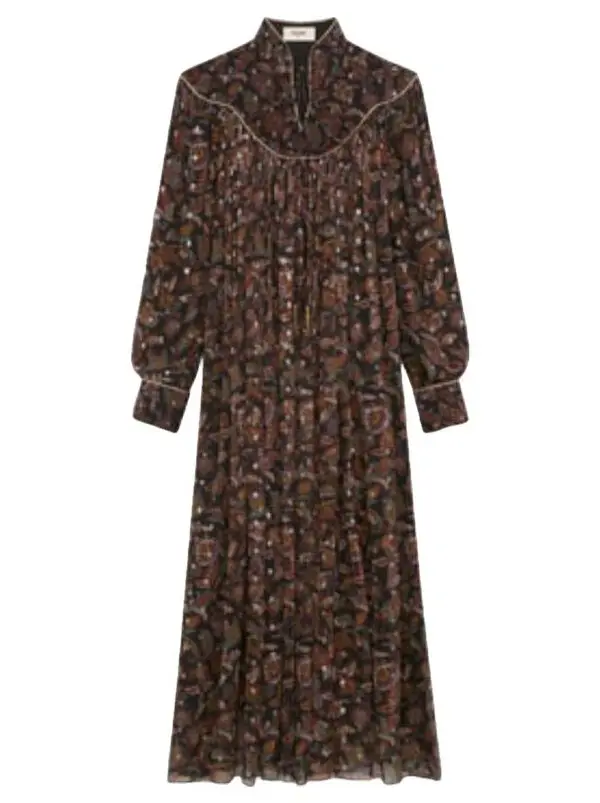 Celine Silk Georgette Folk Dress - Black