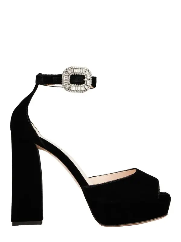 ROGER VIVIER Velvet Platform Sandals With Crystal Buckle - Black
