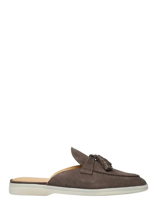 SCAROSSO Lucrezia Tassel Detailed Slip-on Mules - Dark Grey Brown Suede Leather