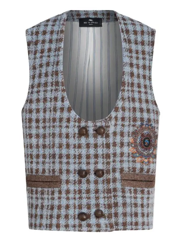 Etro Houndstooth Embroidered U-neck Gilet - Gray