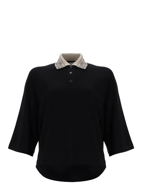 Brunello Cucinelli Embellished Collar Polo Top With Half Sleeves - Black