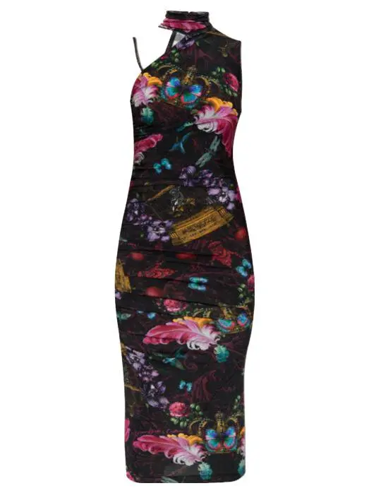 Versace Sleeveless Floral Print Midi Dress - Black