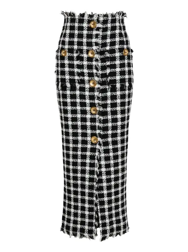 Balmain Gingham Tweed Long Skirt - Black