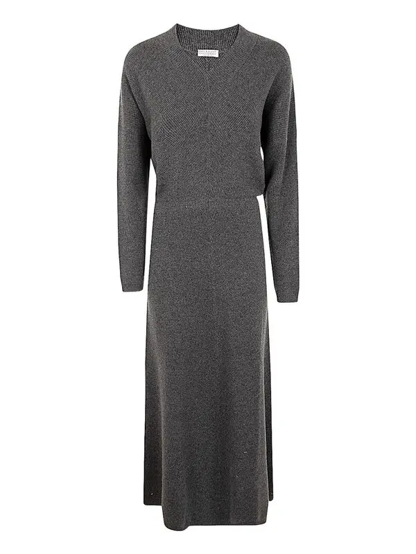Brunello Cucinelli Knitted V-neck Midi Dress - Medium Gray