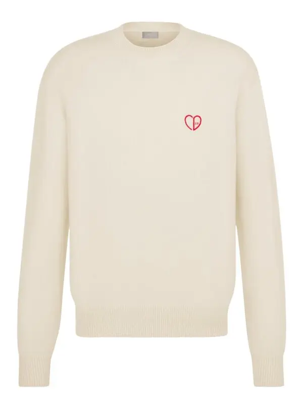 Dior Long-sleeved Cashmere Sweater With Cd Heart Embroidery And Bobby Jacquard Pattern - White