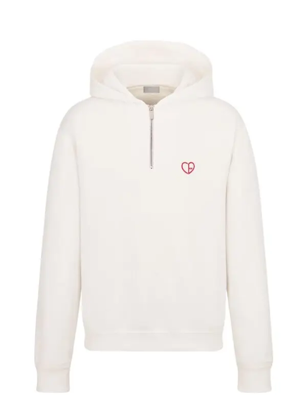 Dior Hooded Zip Detail Long Sleeve Hoodie With Cd Heart Embroidery - White