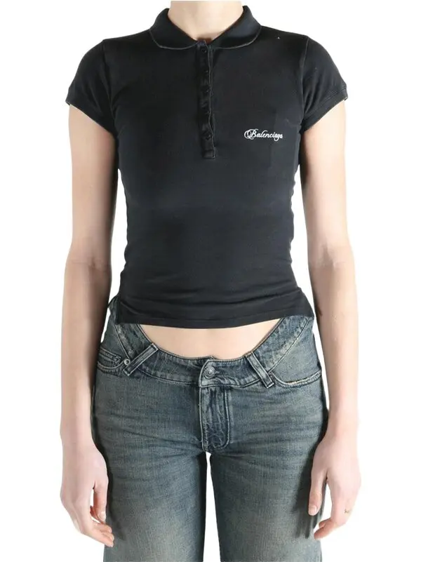 Balenciaga Logo Embroidered Cropped Polo Shirt - Black