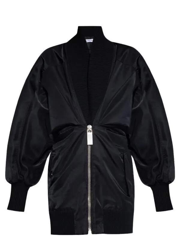 Off-White Ruched Puff-sleeved Dress - Black