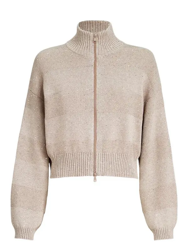 Brunello Cucinelli High-neck Zip-up Cardigan With Textured Stripes - Desert