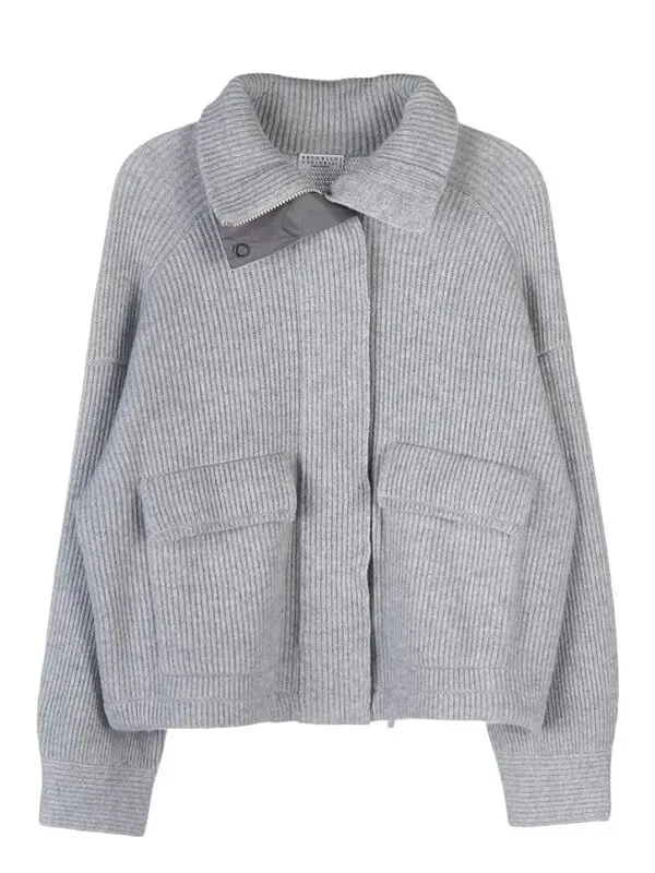 Brunello Cucinelli Ribbed Knit Lapel Cardigan With Pockets - Gray