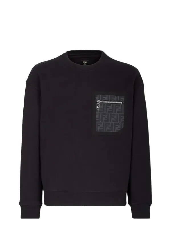 Fendi Long-sleeved Crewneck Sweatshirt With Ff Pattern Pocket - Black