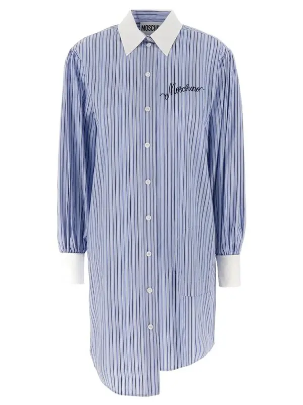 Moschino Long Sleeved Shirt Dress With Logo - Blue
