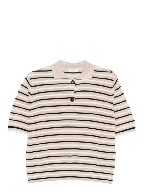 Brunello Cucinelli Striped Knit Polo Top - Beige/white/black