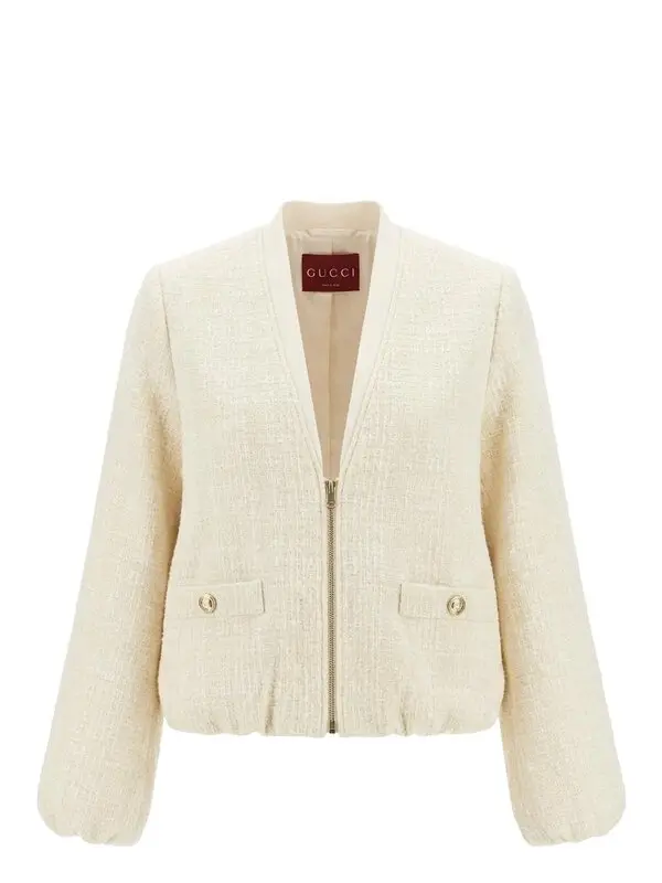 Gucci Check Tweed Jacket With Interlocking G Button - Ivory