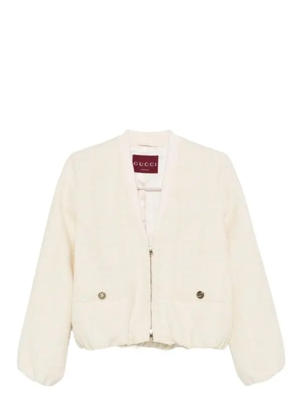 Gucci Check Tweed Jacket With Interlocking G Button - Ivory