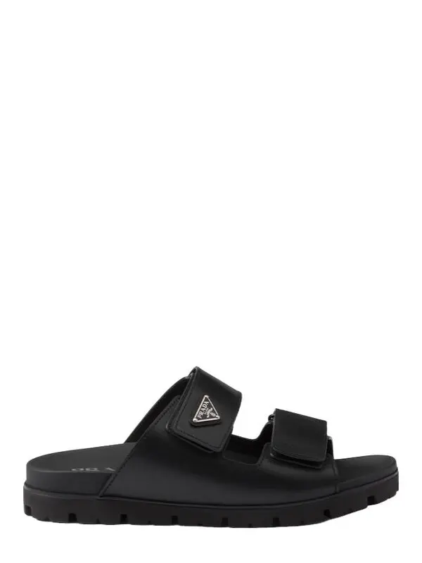 Prada Leather Strap Slides - Black