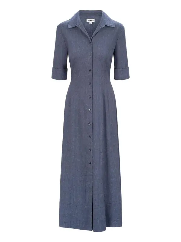 Staud Joan Dress With Lapel Collar And Button Closure - Blue