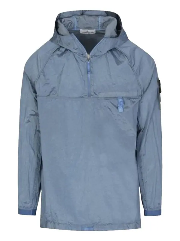 Stone Island Logo Detail Zip Up Hooded Jacket - Powder Blue