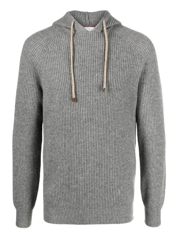 Brunello Cucinelli Ribbed Cashmere Drawstring Hoodie - Gray
