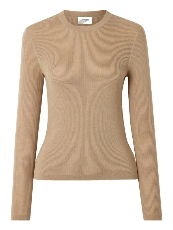 Saint Laurent Ribbed Knit Crew Neck Sweater - Beige