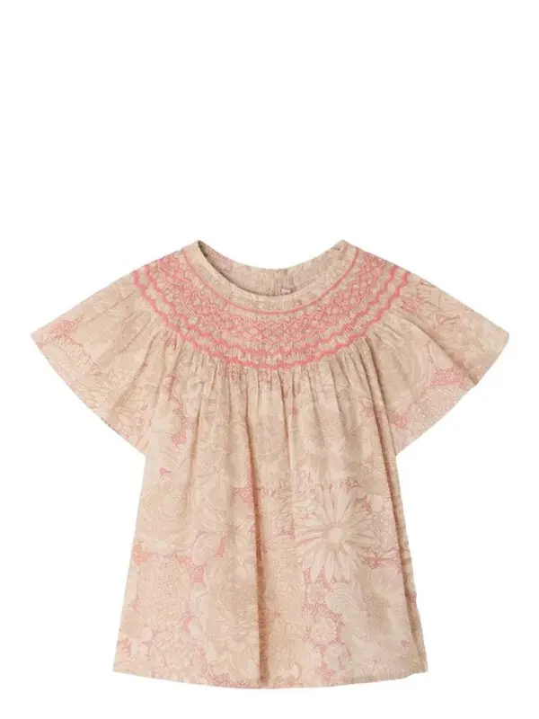 Bonpoint Round Neck Short Sleeve Smocked Top - Nude