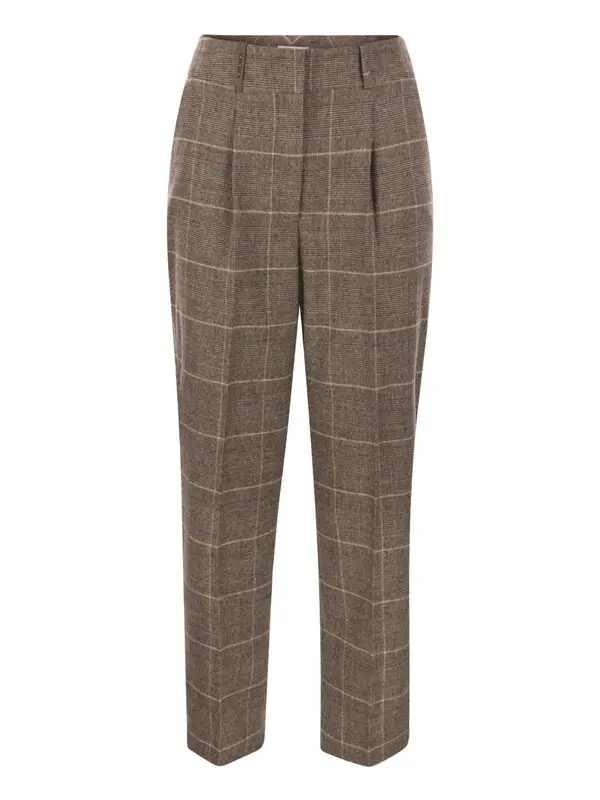 Peserico High Waist Wide Fit Flannel Checkered Trousers - Green