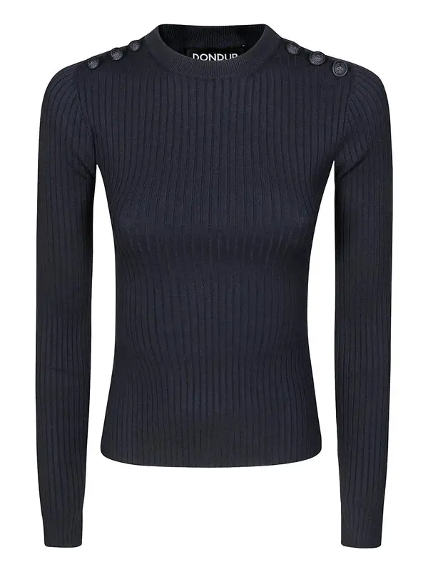DONDUP Ribbed Button Detailed Crew Neck Sweater - Black