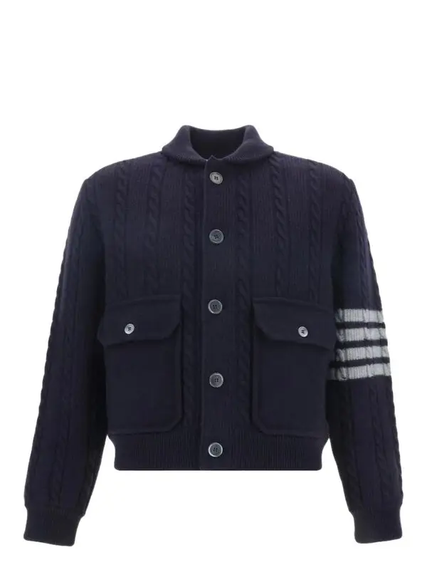 Thom Browne 4-bar Stripe Cable-knit Bomber Jacket - Navy Blue